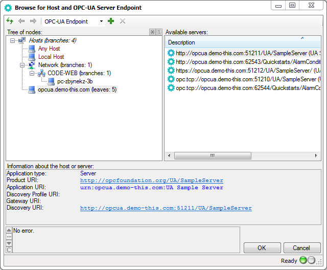 OPC-UA Host and Endpoint Dialog